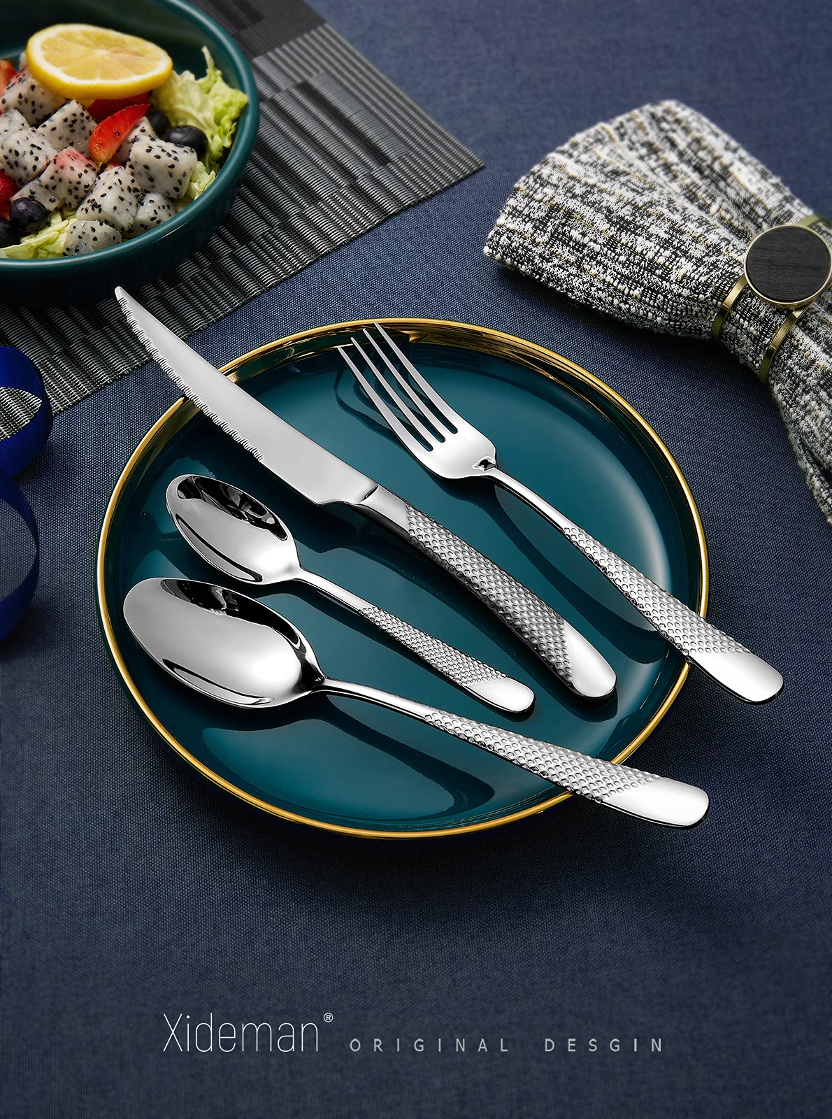 Xideman 16-Piece Modern Hammered Cutlery Set with Ultra Sharp 2-in-1 Serrated Knife, 18/10 Stainless Steel Silverware Flatware Set Service for 4, Tableware Utensil, Forks Spoons Knives Set
