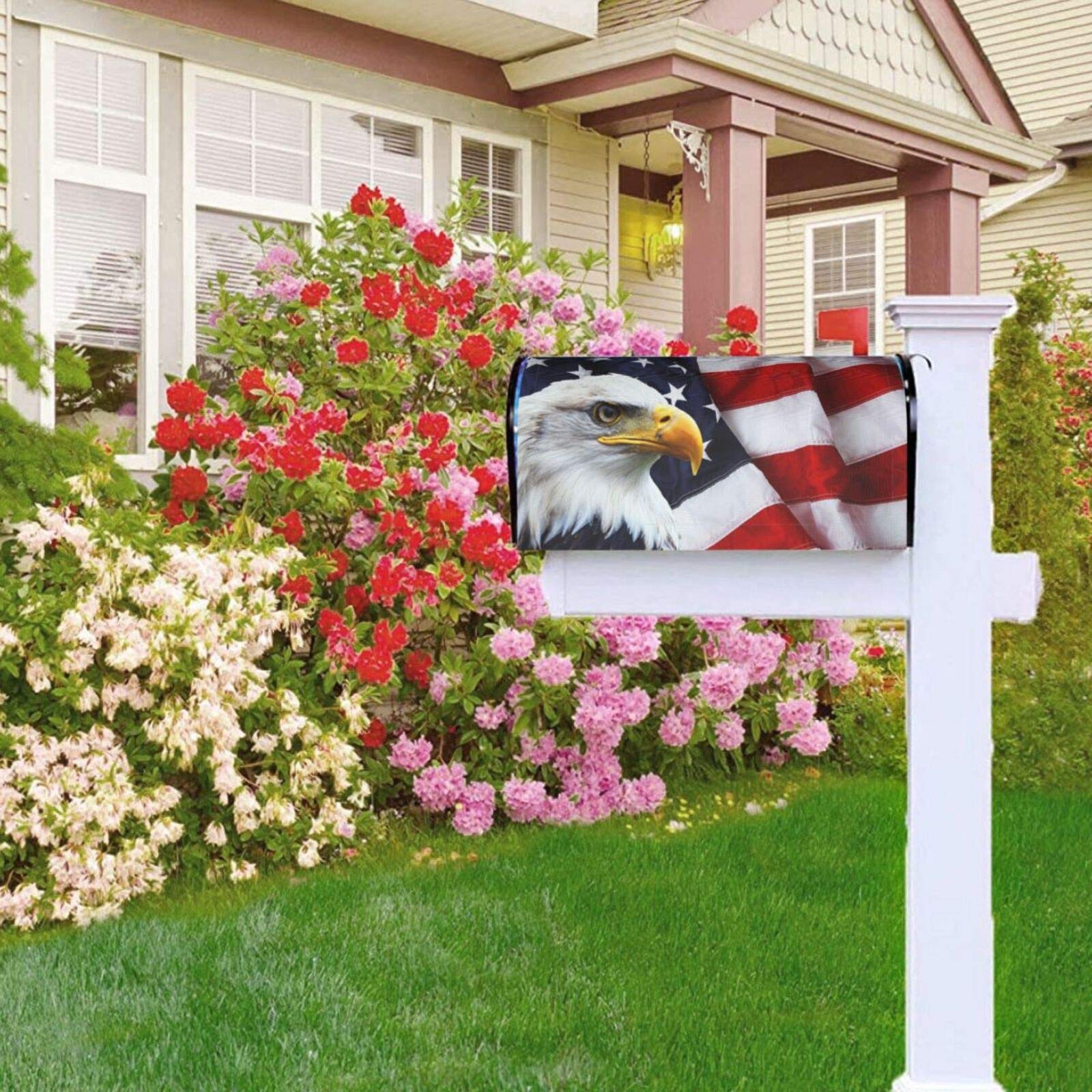 Ouqiuwa American Flag Welcome Magnetic Mailbox Cover, Mailbox Wrap Decorative for Garden Yard Home 21" Lx 18" W