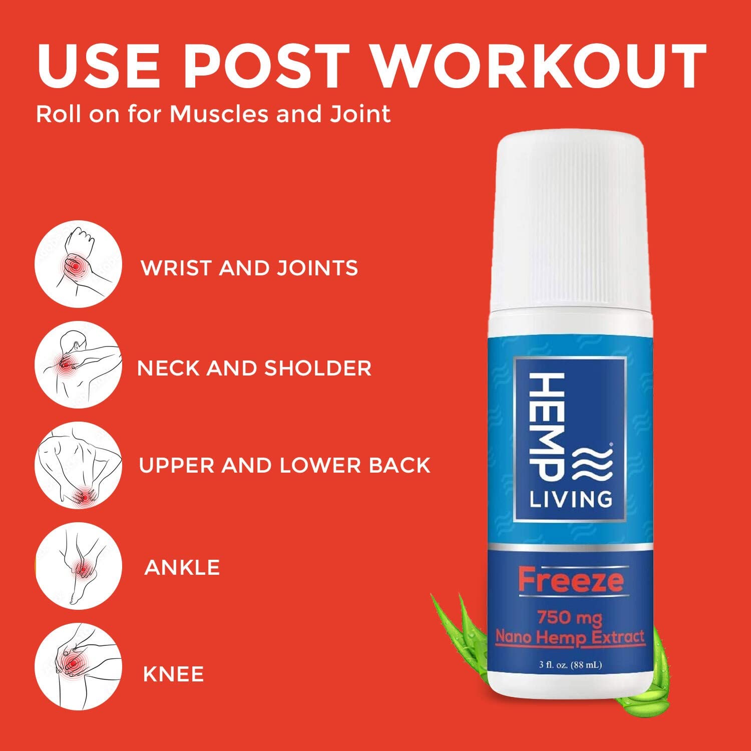 HEMP LIVING Freeze Nano Hemp Extract Roll On, Cold Therapy, Roll On for Muscles and Joint Strain, 3 oz Roll on Bottle (750 mg)