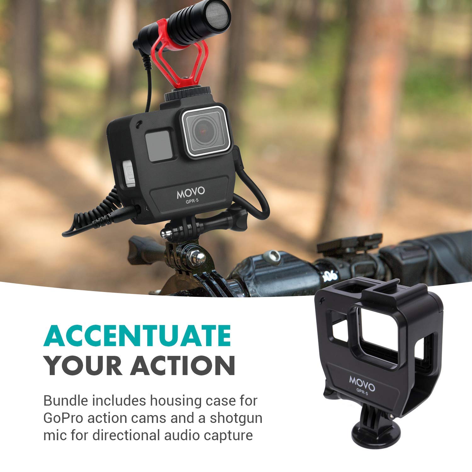Movo GPR-5 GoPro Case with Microphone for Camera - for GoPro Hero 5, 6, 7 - Includes VXR10 Microphone for iPhone, Android, Camera - Shoe Mount for Shotgun Mic - GoPro Mic Adapter Not Included