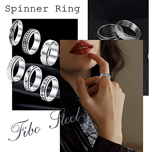 FIBO STEEL 6Pcs Stainless Steel Spinner Ring for Women Fidget Band Rings Moon Star Sand Blast Finish Ring Set for Stress Relieving Wedding Promise Size 5-13 (7)