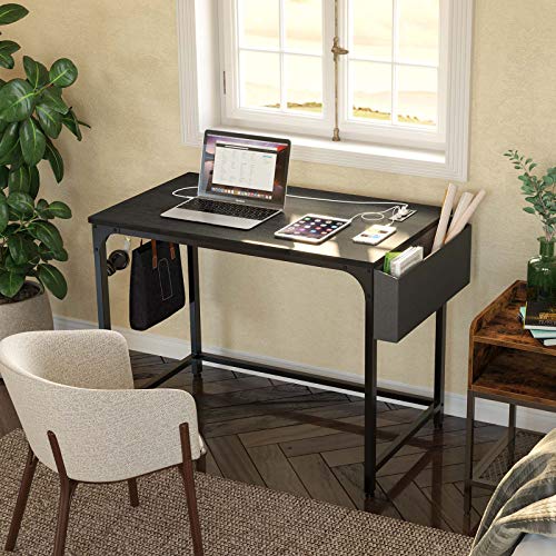 Rolanstar Computer Desk with Power Outlet, Home Office PC Desk with USB Ports Charging Station, 39" Desktop Table with Side Storage Bag and Iron Hooks, Stable Metal Frame Workstation, Black