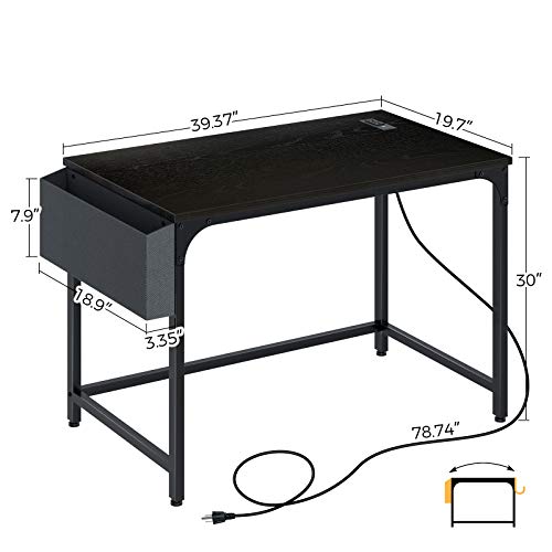 Rolanstar Computer Desk with Power Outlet, Home Office PC Desk with USB Ports Charging Station, 39" Desktop Table with Side Storage Bag and Iron Hooks, Stable Metal Frame Workstation, Black
