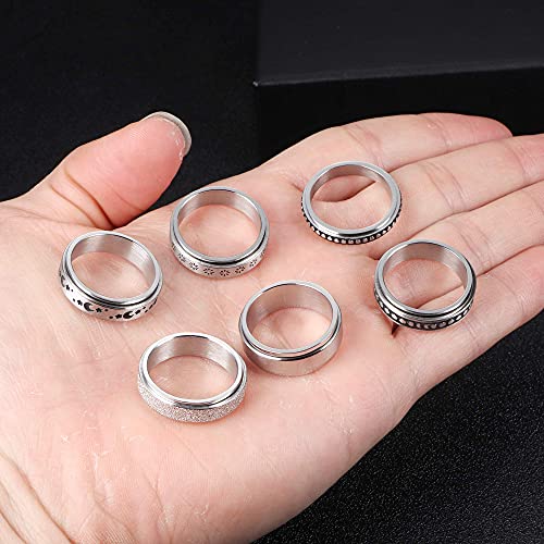 FIBO STEEL 6Pcs Stainless Steel Spinner Ring for Women Fidget Band Rings Moon Star Sand Blast Finish Ring Set for Stress Relieving Wedding Promise Size 5-13 (7)