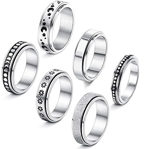 FIBO STEEL 6Pcs Stainless Steel Spinner Ring for Women Fidget Band Rings Moon Star Sand Blast Finish Ring Set for Stress Relieving Wedding Promise Size 5-13 (7)