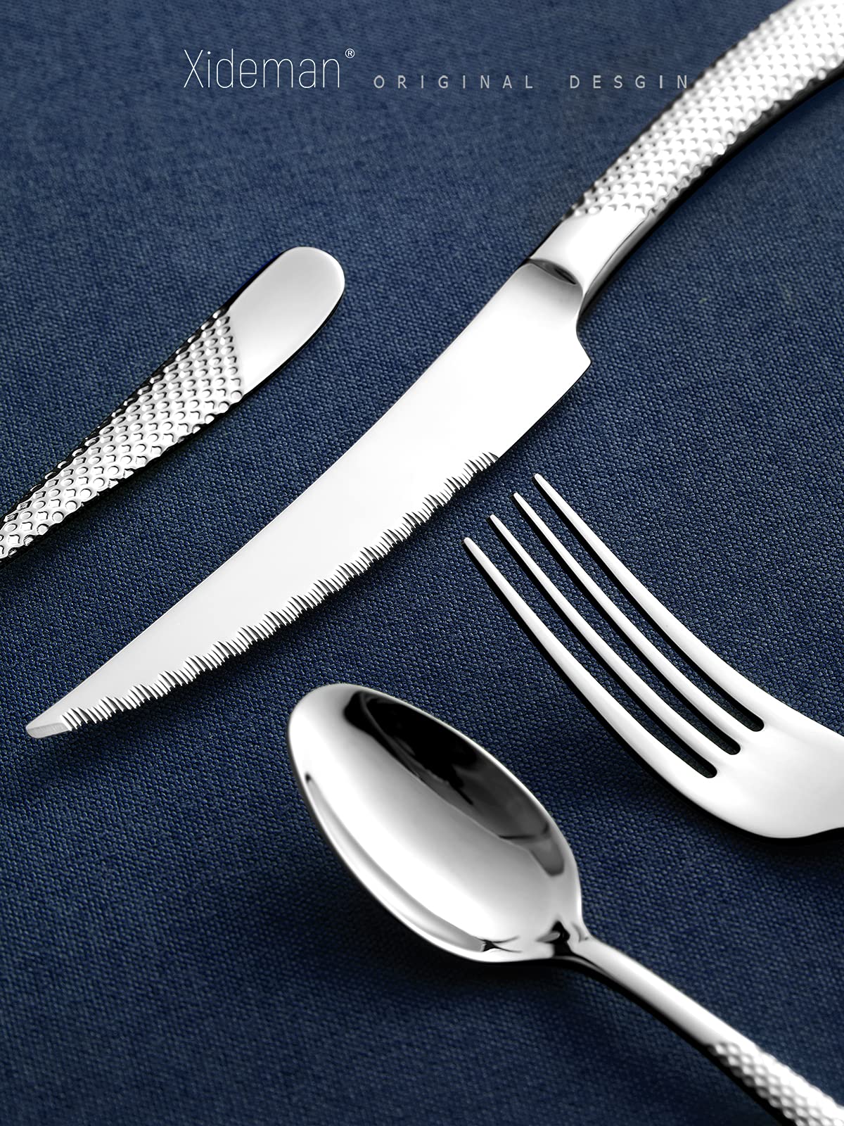 Xideman 16-Piece Modern Hammered Cutlery Set with Ultra Sharp 2-in-1 Serrated Knife, 18/10 Stainless Steel Silverware Flatware Set Service for 4, Tableware Utensil, Forks Spoons Knives Set