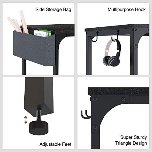 Rolanstar Computer Desk with Power Outlet, Home Office PC Desk with USB Ports Charging Station, 39" Desktop Table with Side Storage Bag and Iron Hooks, Stable Metal Frame Workstation, Black