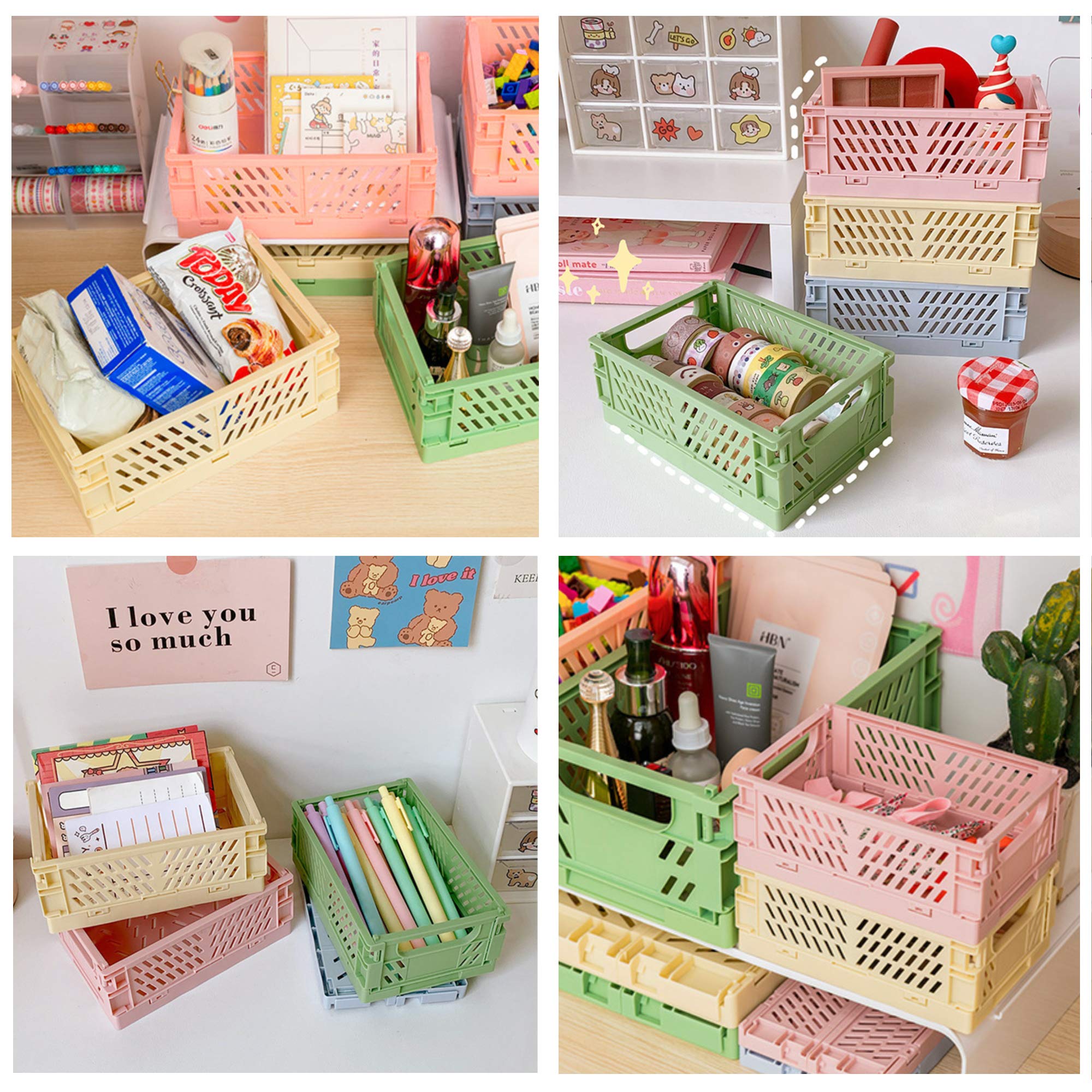 4-Pack Mini Baskets Plastic for Shelf Home Kitchen Storage Bin Organizer, Stacking Folding Storage Baskets for Classroom Bedroom Bathroom Office (5.9 x 3.8 x 2.2)