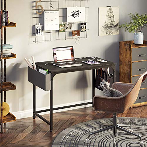 Rolanstar Computer Desk with Power Outlet, Home Office PC Desk with USB Ports Charging Station, 39" Desktop Table with Side Storage Bag and Iron Hooks, Stable Metal Frame Workstation, Black