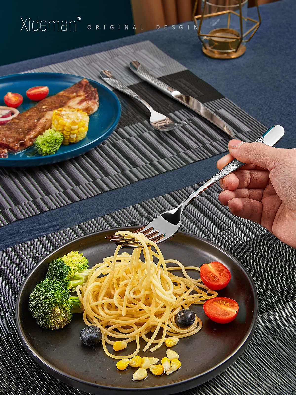 Xideman 16-Piece Modern Hammered Cutlery Set with Ultra Sharp 2-in-1 Serrated Knife, 18/10 Stainless Steel Silverware Flatware Set Service for 4, Tableware Utensil, Forks Spoons Knives Set