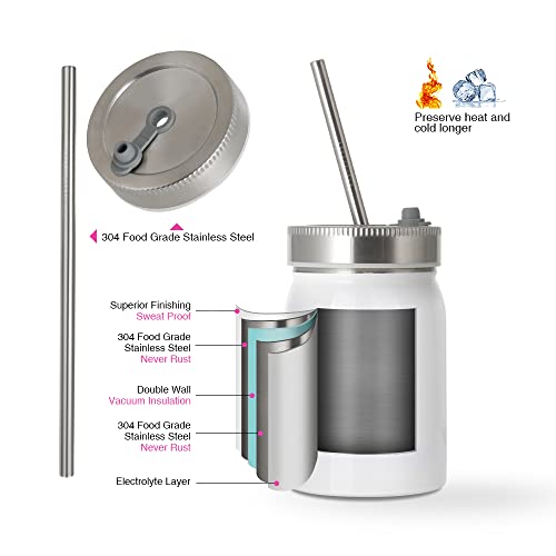 PYD Life Blanks Mason Jar 17 OZ Wide Mouth White Stainless Steel Tumbler with Lid and Metal Straw for Cricut Mug Press Machine Sublimation Print 4 Pack