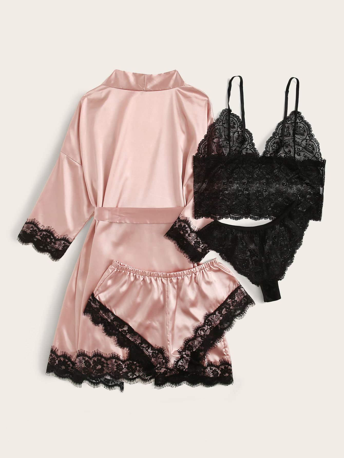 WDIRARA Women' Silk Satin Pajamas Set 4pcs Lingerie Floral Lace Cami Sleepwear with Robe Pink M