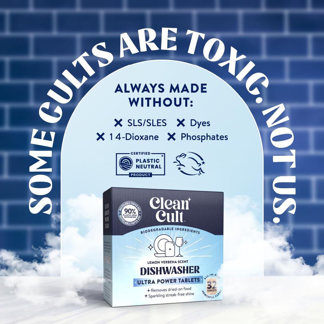 Cleancult Ultra Power Dishwasher Detergent Pods for Sparkling Streak-Free Shine, All-In-One, No Plastic Waste, 32 Count