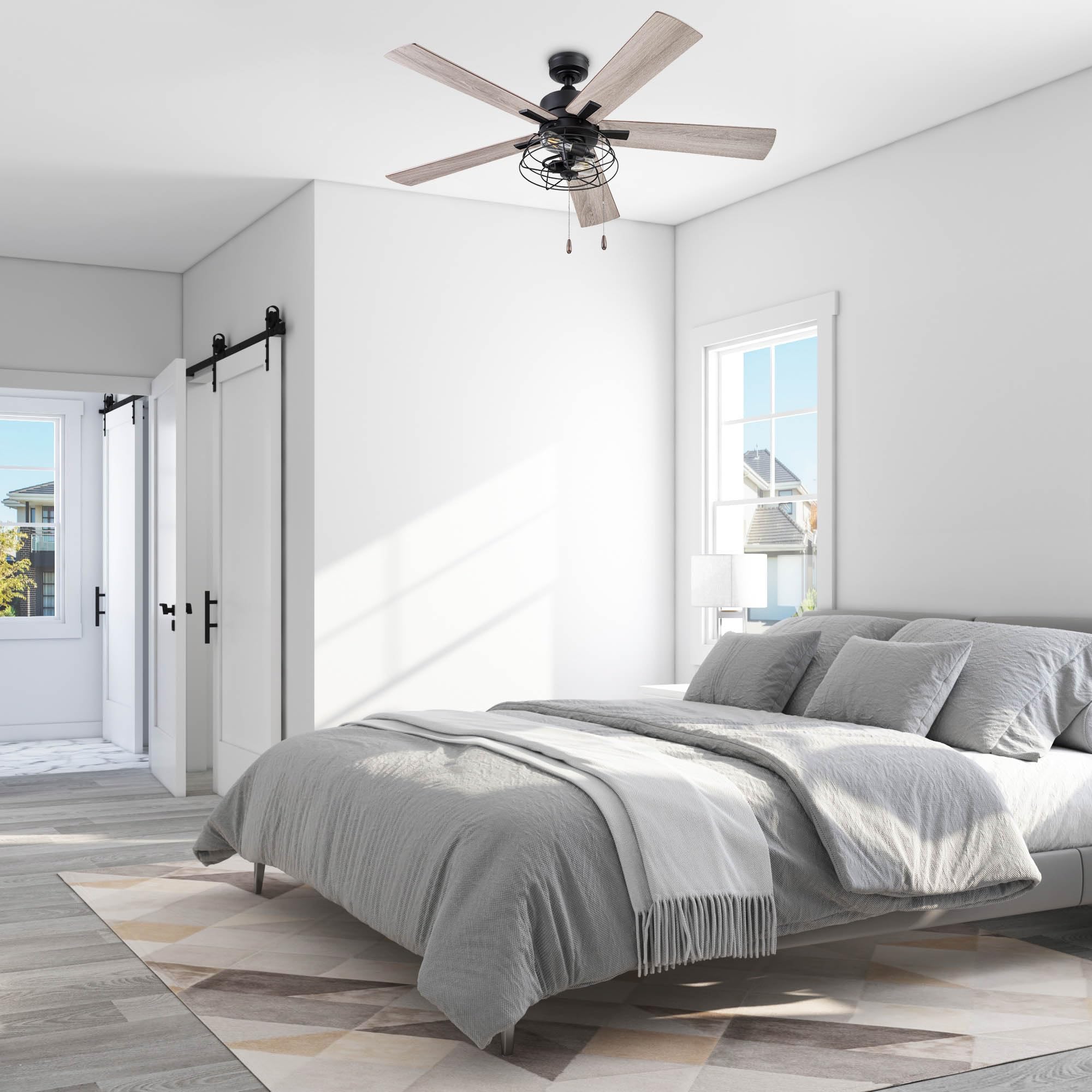 Prominence Home Marshall, 52 Inch Industrial Style LED Ceiling Fan with Light, Pull Chain, Three Mounting Options, Dual Finish Blades, Reversible Motor - Model 51457-01 (Matte Black)