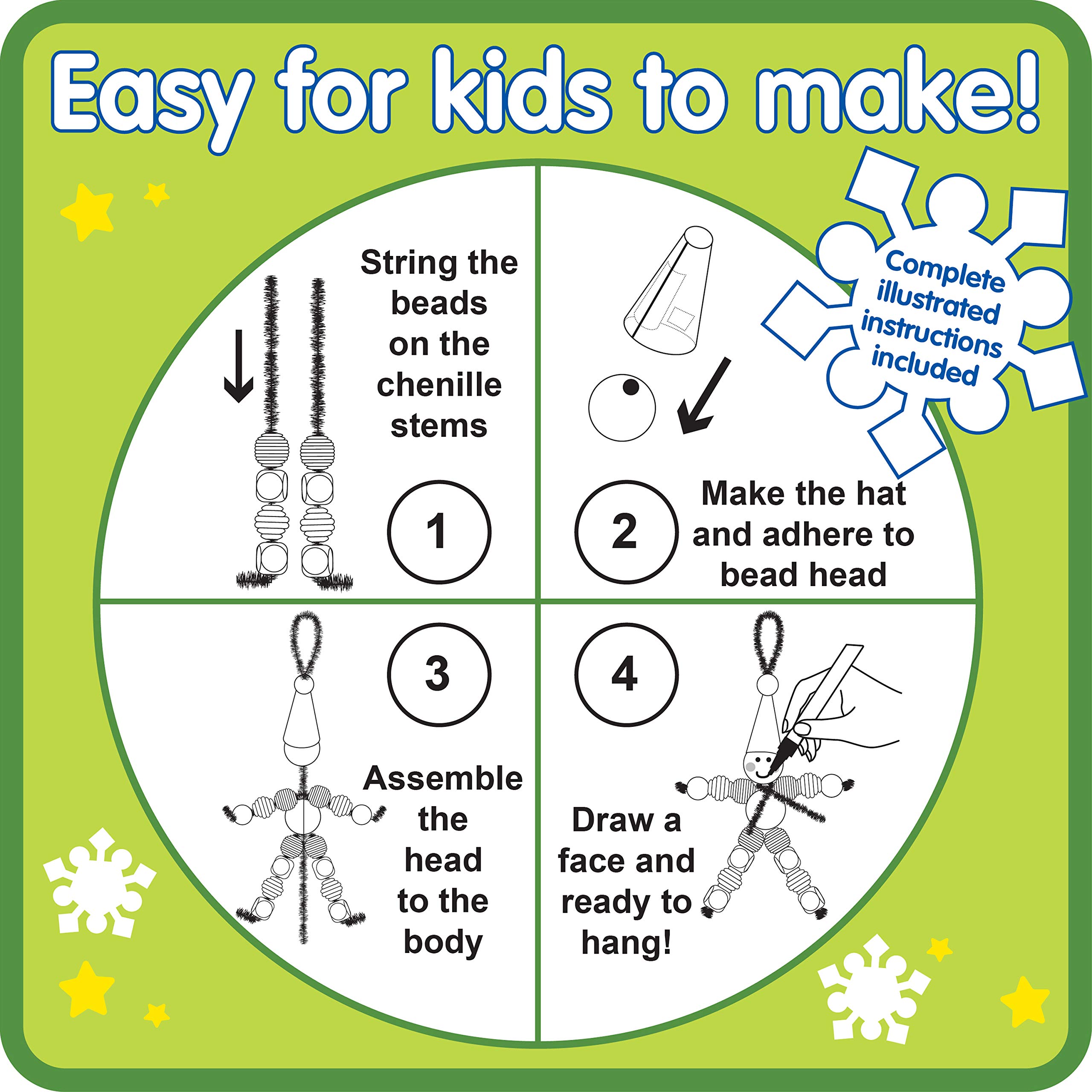 READY 2 LEARN Christmas Crafts - Create Your Own Bead Elves - DIY Ornaments for Kids - Christmas Tree Decoration - All Materials Included, Blue,Green,Red, Set of 4
