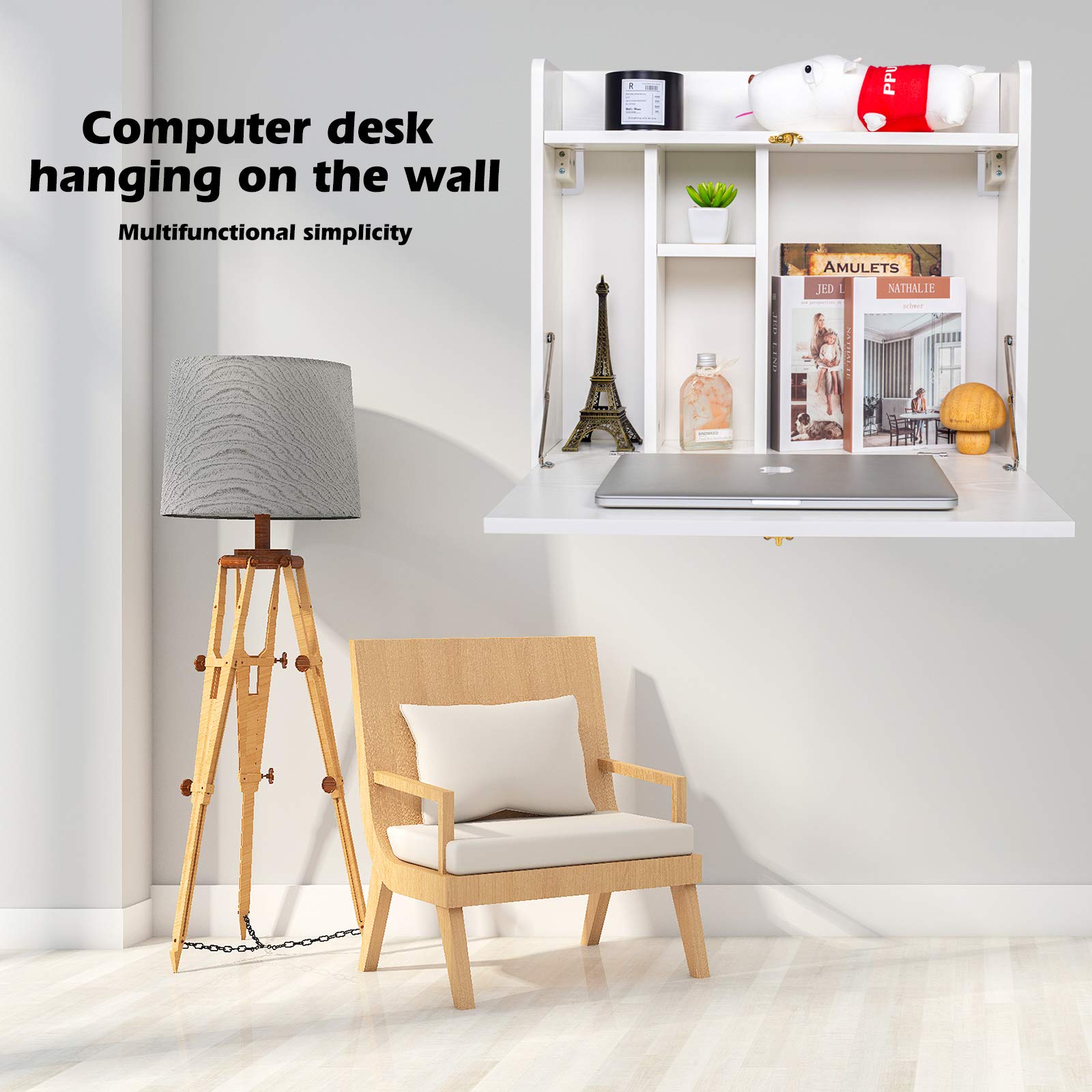 KZHOME Multifunctional Folding Wall-Mounted Laptop Desk Writing Table with Storage Shelves, for Home Office, White