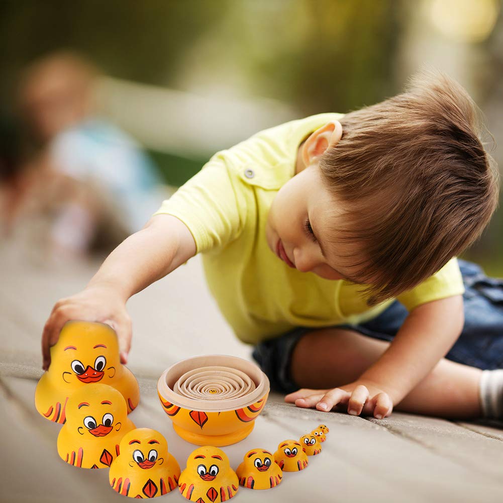 10 Pcs Wooden Yellow Duck Handmade Russian Nesting Dolls Toys, Cute Lovely Animal Matryoshka Stacking Dolls Home Decor, Educational Learning Toys for Adults