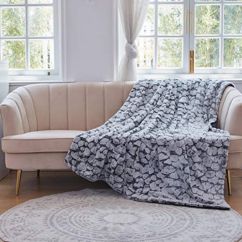 FY FIBER HOUSE Super Soft Rabbit Faux Fur Fleece Throw Blanket Thick Luxurious Faux Fur Plush Warm Fuzzy with Stone Pattern for Bed Sofa, 50"X60", Black