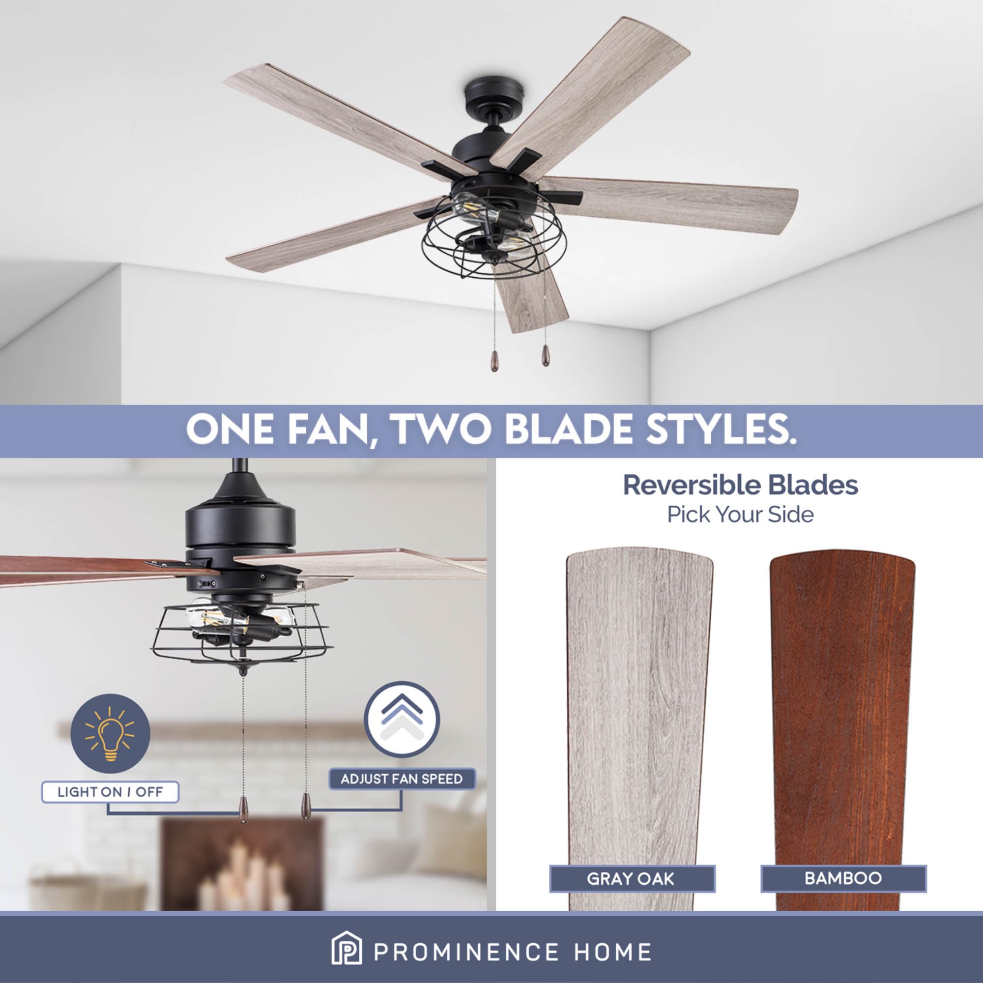 Prominence Home Marshall, 52 Inch Industrial Style LED Ceiling Fan with Light, Pull Chain, Three Mounting Options, Dual Finish Blades, Reversible Motor - Model 51457-01 (Matte Black)