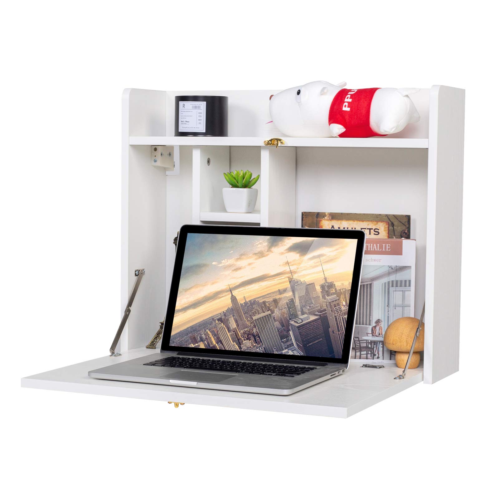 KZHOME Multifunctional Folding Wall-Mounted Laptop Desk Writing Table with Storage Shelves, for Home Office, White