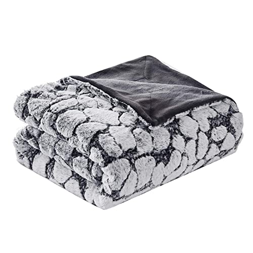 FY FIBER HOUSE Super Soft Rabbit Faux Fur Fleece Throw Blanket Thick Luxurious Faux Fur Plush Warm Fuzzy with Stone Pattern for Bed Sofa, 50"X60", Black