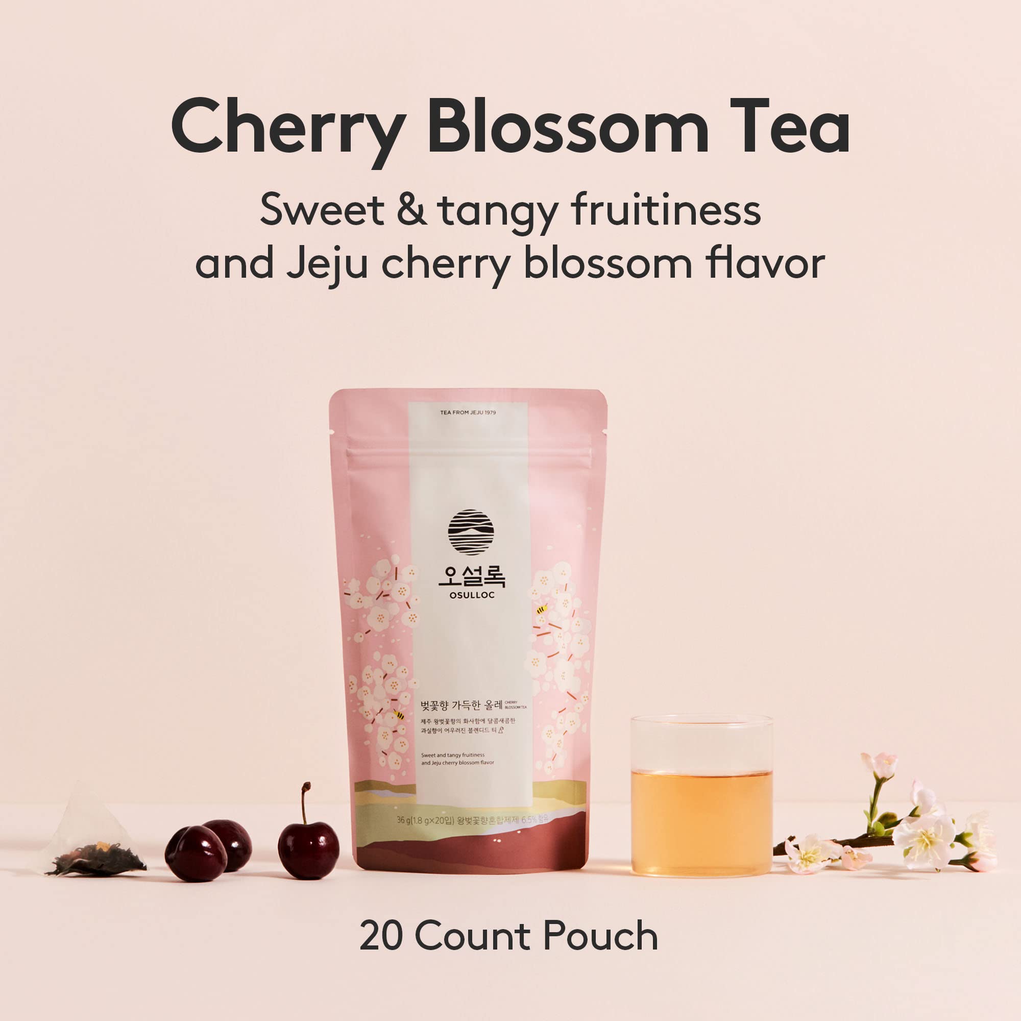 OSULLOC Cherry Blossom Tea (Floral, Sweet cherry scent) | Korean Premium Blended Tea Bag | Sweet Fruit Tea | 20 Count Tea Bags, 1.27oz