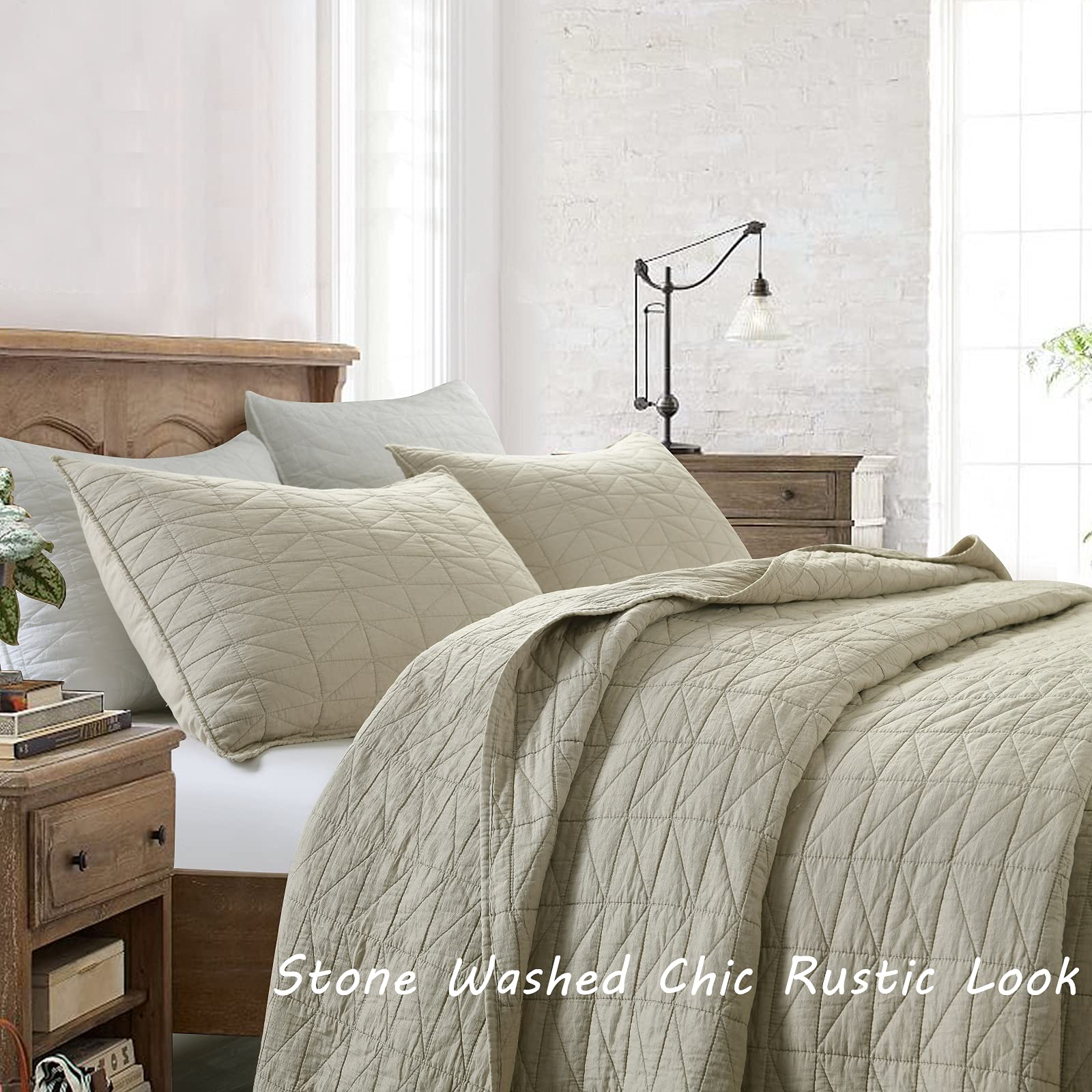 HORIMOTE HOME Quilt Set King Size, Stone-Washed Chic Rustic Beige Coverlet with Classic Triangle Stitched Pattern, Ultra Soft Lightweight Quilted Bedspread for All Season, 3 Pieces