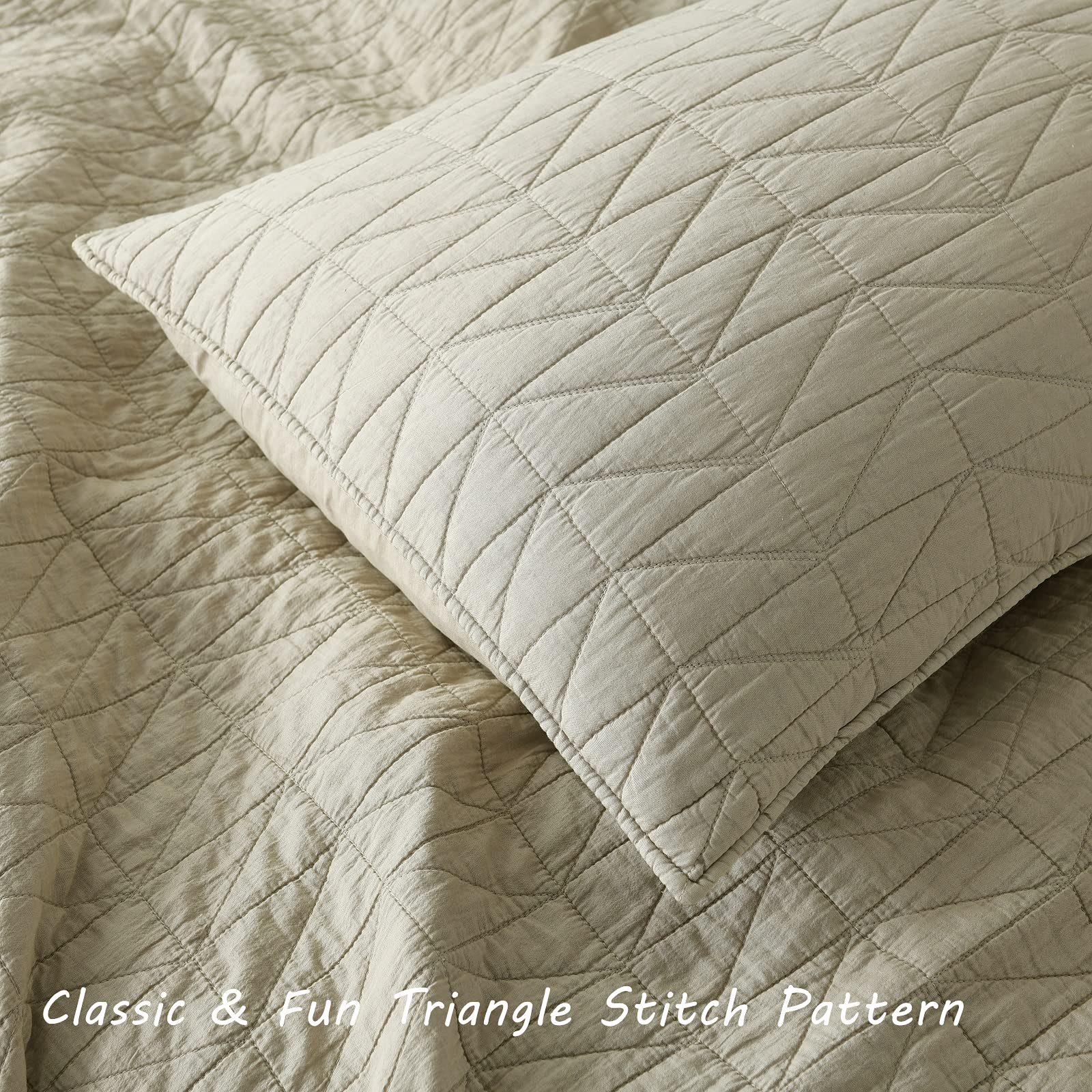 HORIMOTE HOME Quilt Set King Size, Stone-Washed Chic Rustic Beige Coverlet with Classic Triangle Stitched Pattern, Ultra Soft Lightweight Quilted Bedspread for All Season, 3 Pieces
