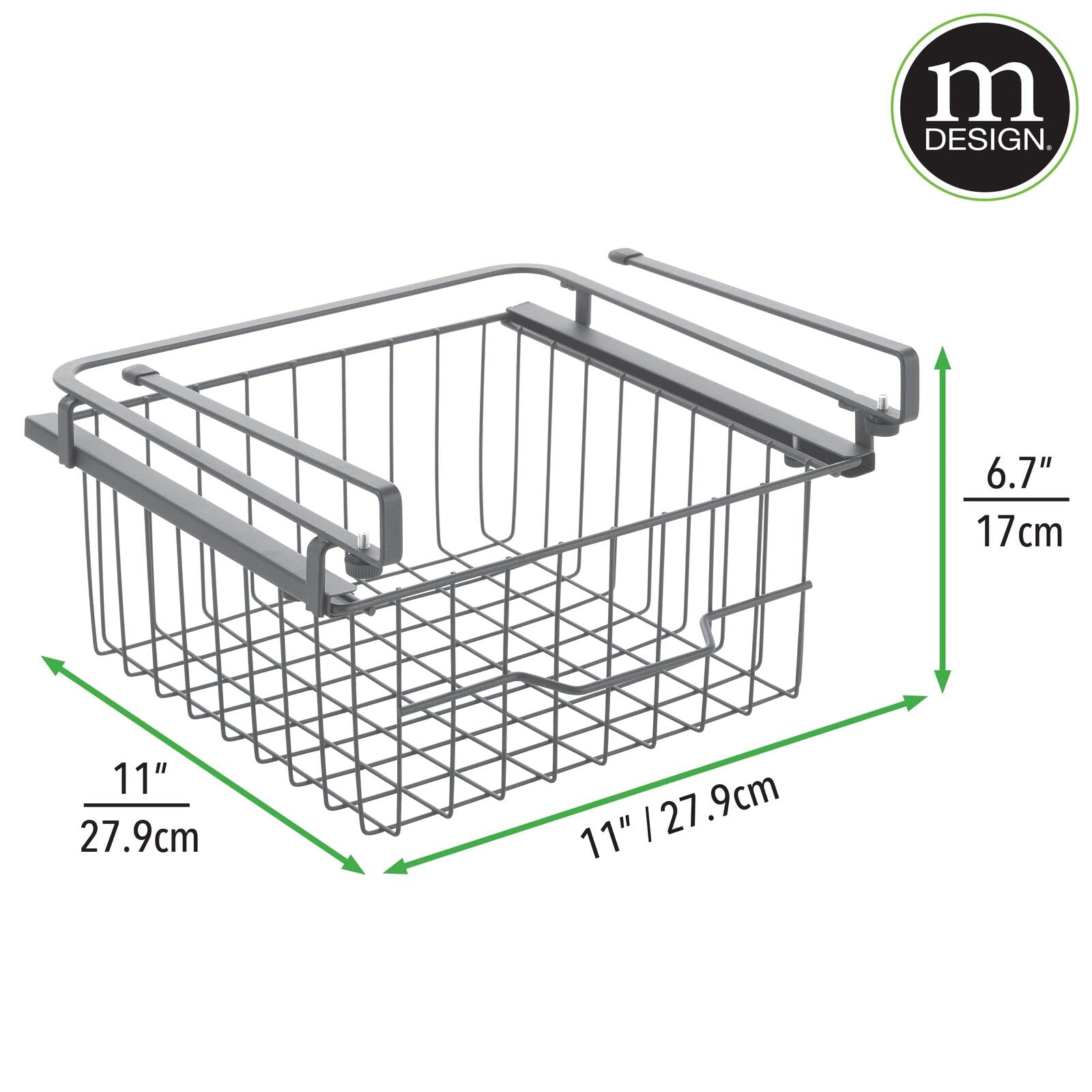 mDesign Compact Hanging Pullout Drawer Basket - Sliding Under Shelf Storage Organizer - Metal Wire - Attaches to Shelving - Easy Install - for Kitchen, Pantry, Cabinet - Graphite Gray