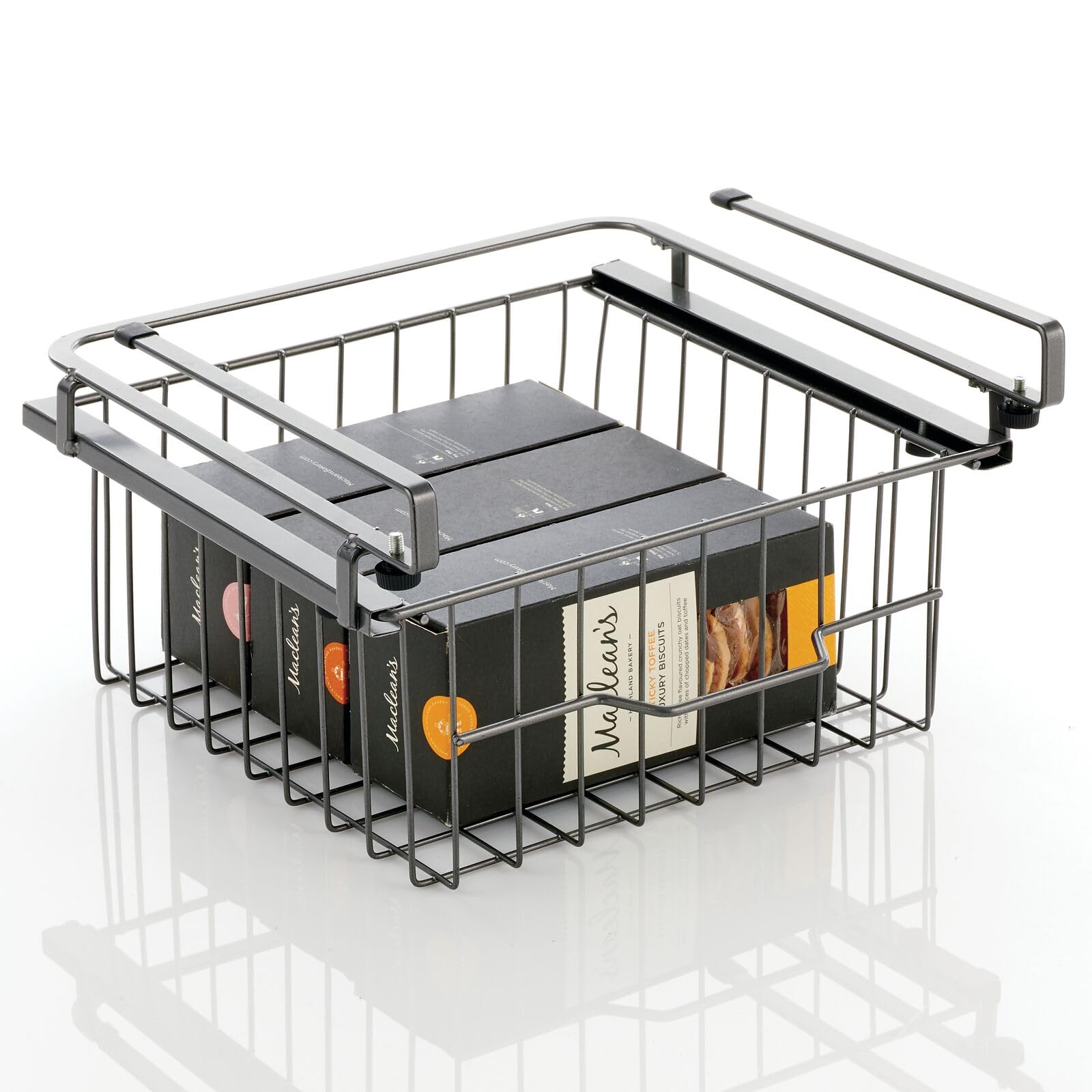 mDesign Compact Hanging Pullout Drawer Basket - Sliding Under Shelf Storage Organizer - Metal Wire - Attaches to Shelving - Easy Install - for Kitchen, Pantry, Cabinet - Graphite Gray
