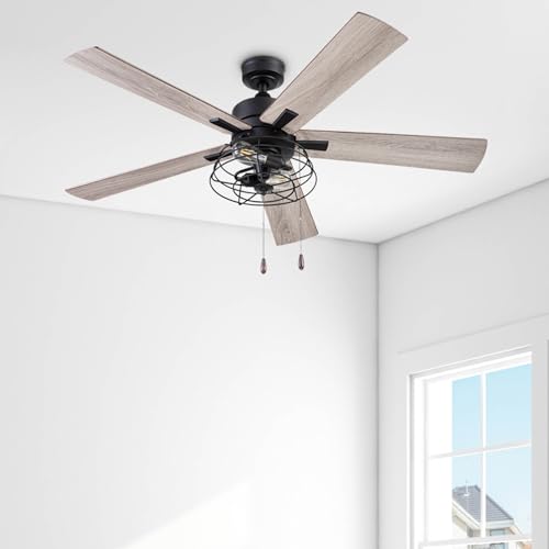 Prominence Home Marshall, 52 Inch Industrial Style LED Ceiling Fan with Light, Pull Chain, Three Mounting Options, Dual Finish Blades, Reversible Motor - Model 51457-01 (Matte Black)