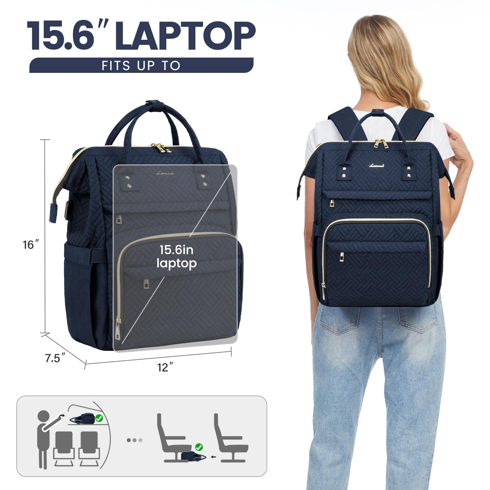 LOVEVOOK Laptop Backpack for Women,15.6 Inch Professional Womens Travel Backpack Purse Computer Laptop Bag Nurse Teacher Backpack,Waterproof Work Bags Carry on Back Pack with USB Port,Dark Blue Plait