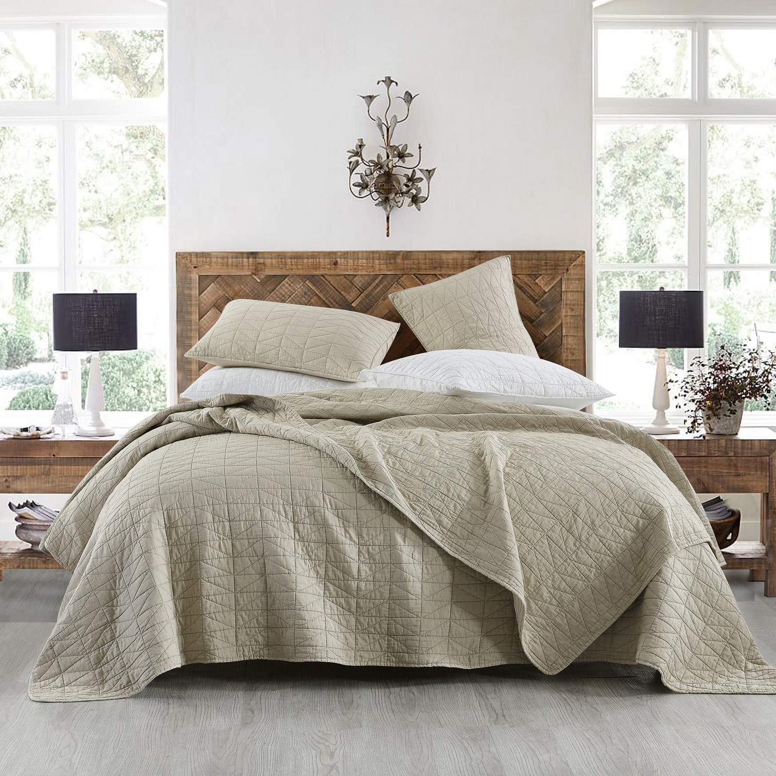 HORIMOTE HOME Quilt Set King Size, Stone-Washed Chic Rustic Beige Coverlet with Classic Triangle Stitched Pattern, Ultra Soft Lightweight Quilted Bedspread for All Season, 3 Pieces