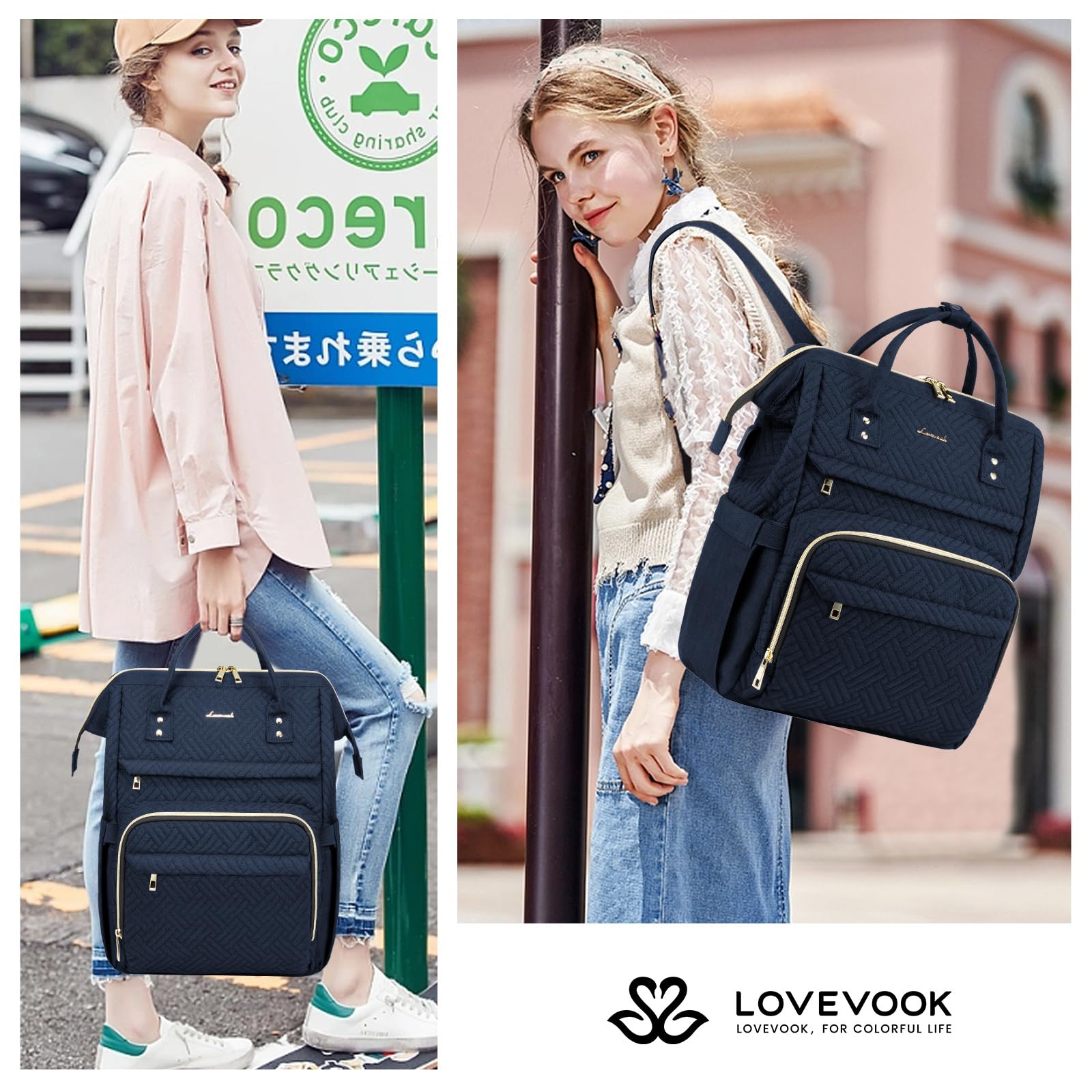 LOVEVOOK Laptop Backpack for Women,15.6 Inch Professional Womens Travel Backpack Purse Computer Laptop Bag Nurse Teacher Backpack,Waterproof Work Bags Carry on Back Pack with USB Port,Dark Blue Plait