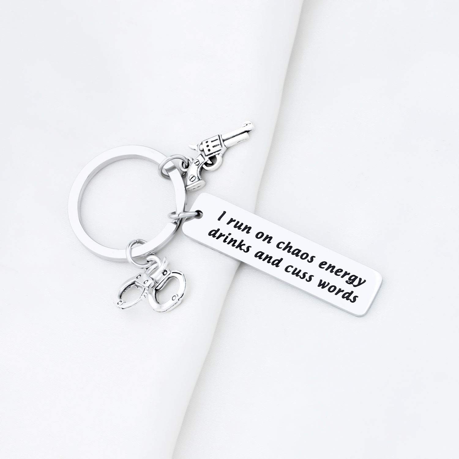 HOLLP Correctional Officer Gift Funny Curse Keychain I Run On Chaos Energy Drinks And Cuss Words Keychain Corrections Gift for Police Officer (Keychain)