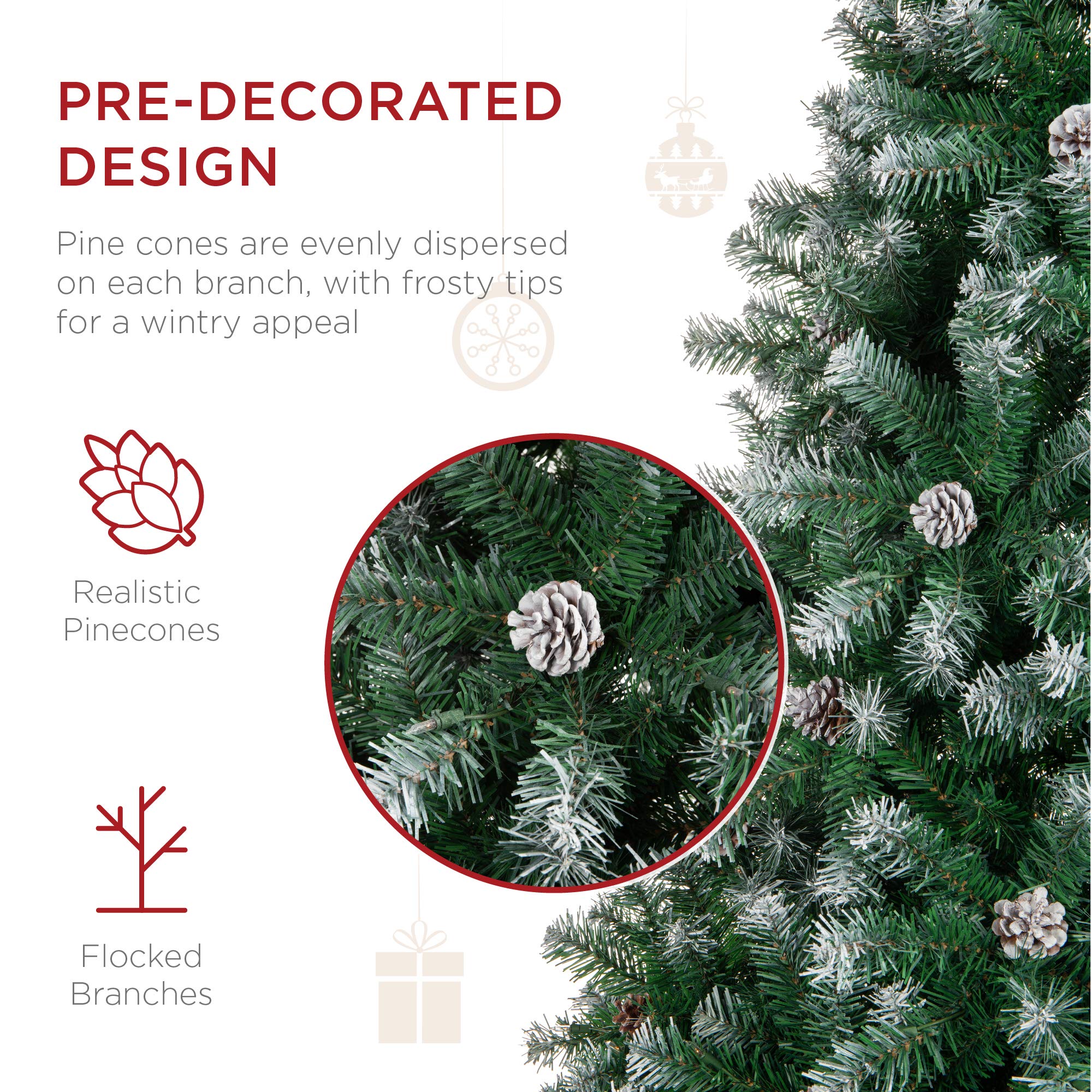 Best Choice Products 6ft Pre-Decorated Holiday Christmas Tree for Home, Office, Party Decoration w/ 1,000 PVC Branch Tips, Partially Flocked Design, Pine Cones, Metal Hinges & Base