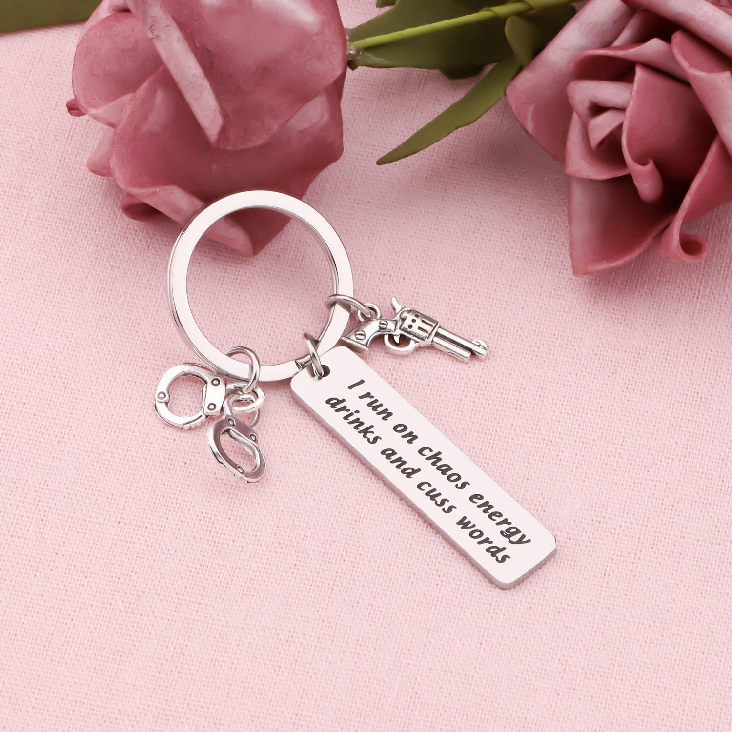 HOLLP Correctional Officer Gift Funny Curse Keychain I Run On Chaos Energy Drinks And Cuss Words Keychain Corrections Gift for Police Officer (Keychain)