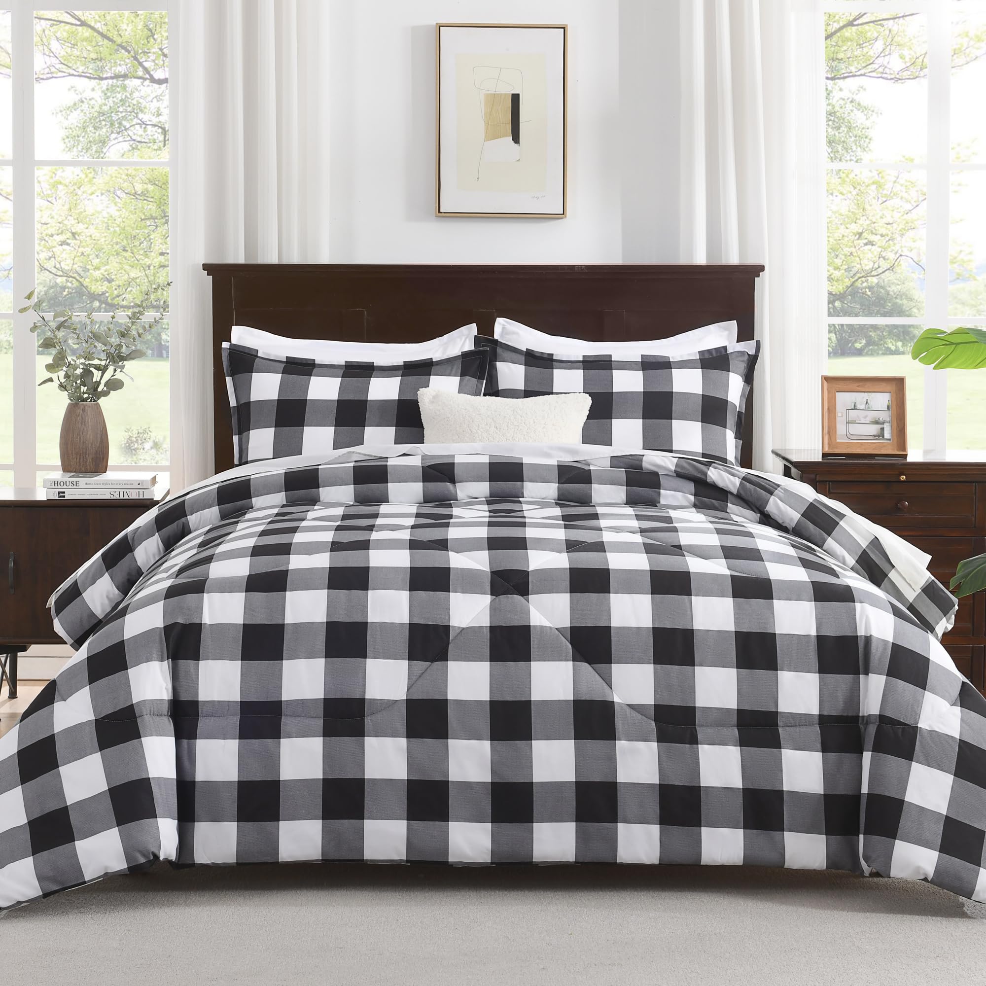 Andency Black Plaid Comforter Set Twin Size (66x90 Inch), 2 Pieces (1 Gingham Comforter and 1 Pillowcase), Summer Lightweight Microfiber Buffalo Check Down Alternative Comforter Set for Kids Boys