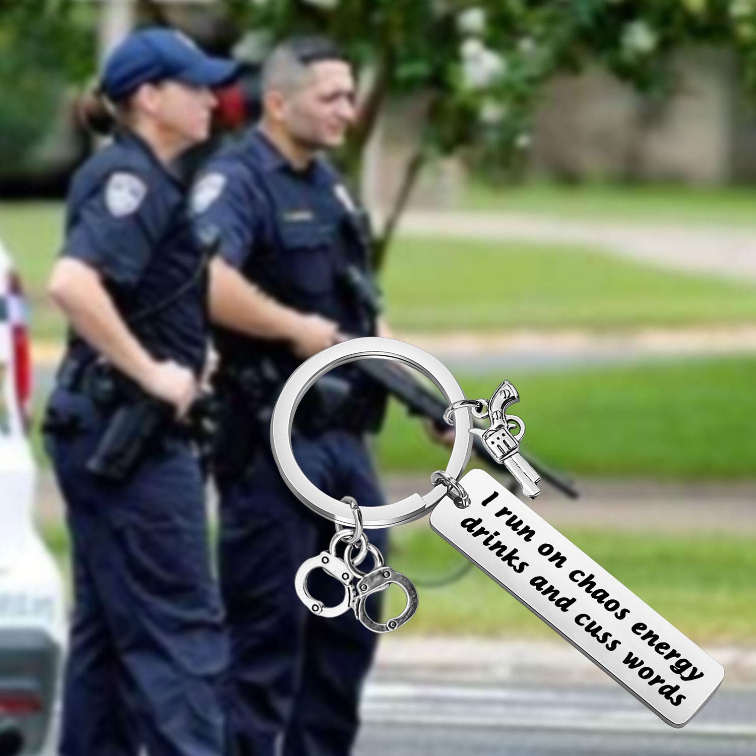 HOLLP Correctional Officer Gift Funny Curse Keychain I Run On Chaos Energy Drinks And Cuss Words Keychain Corrections Gift for Police Officer (Keychain)