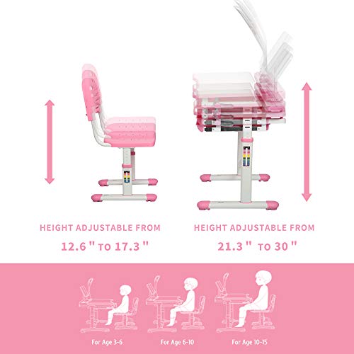 Diroan Kids Functional Desk and Chair Set, Ergonomic Height Adjustable Children School Study Desk with Tilt Desktop, Book Stand, LED Light, Metal Hook and Storage Drawer for Boys Girls(Pink)