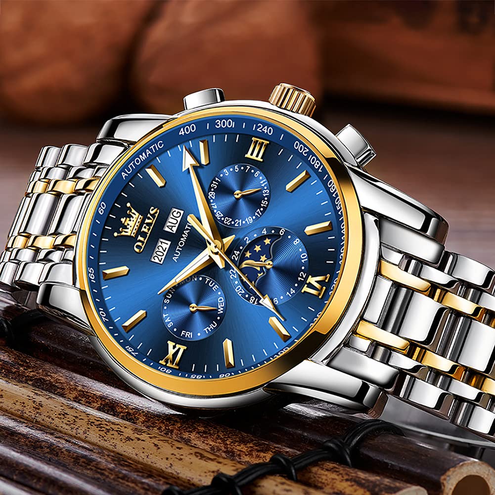OLEVS Automatic Men Watch Self Winding Mechanical Luxury Dress Moon Phase Stainless Steel Blue Face Waterproof Luminous Calendar Wrist Watch