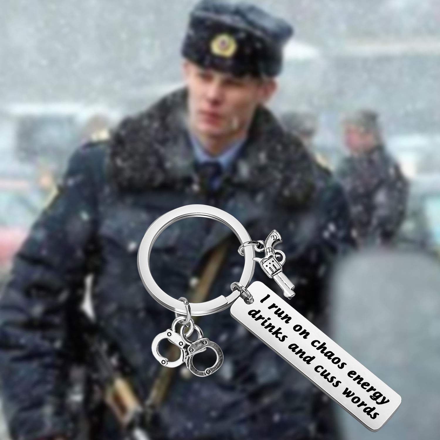 HOLLP Correctional Officer Gift Funny Curse Keychain I Run On Chaos Energy Drinks And Cuss Words Keychain Corrections Gift for Police Officer (Keychain)