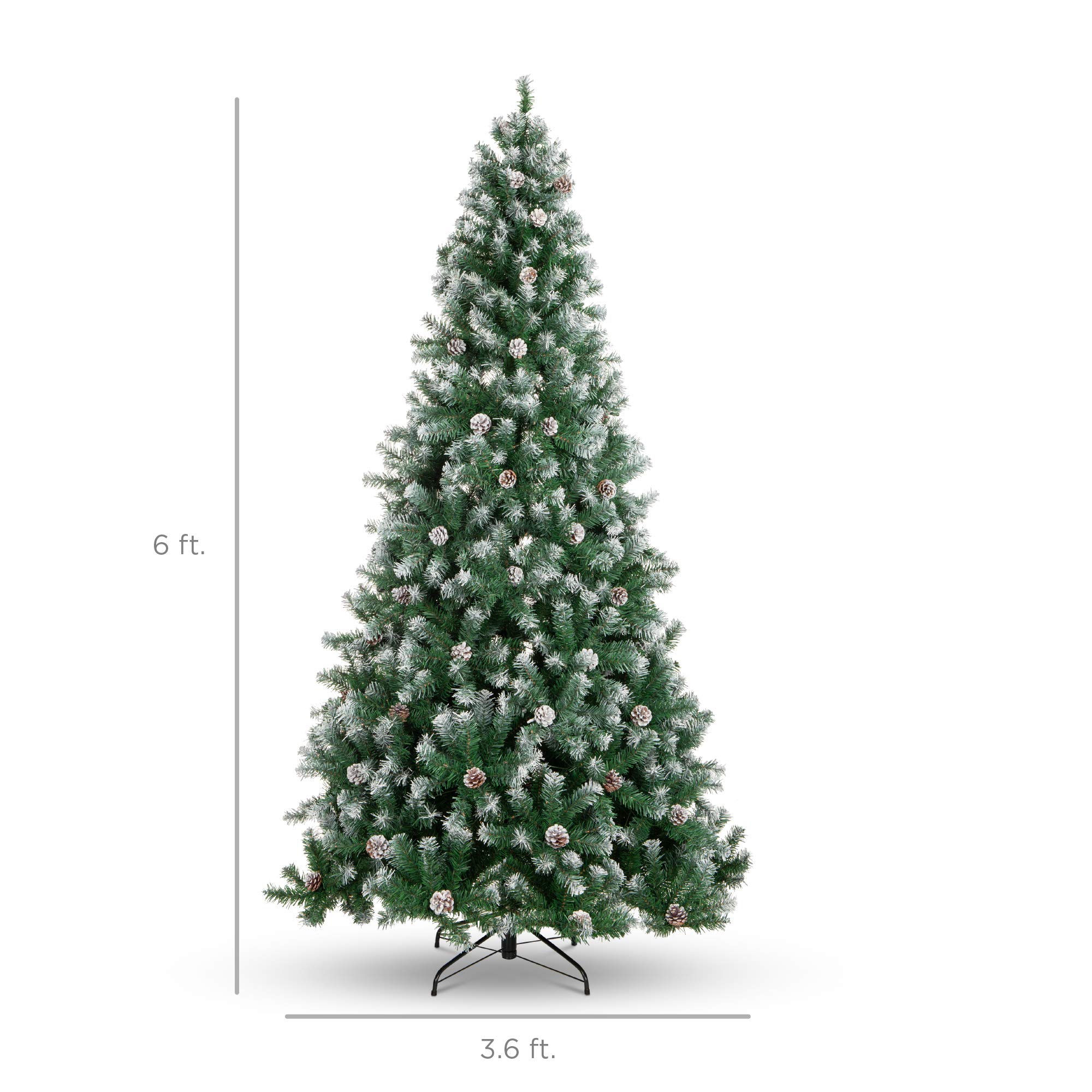 Best Choice Products 6ft Pre-Decorated Holiday Christmas Tree for Home, Office, Party Decoration w/ 1,000 PVC Branch Tips, Partially Flocked Design, Pine Cones, Metal Hinges & Base