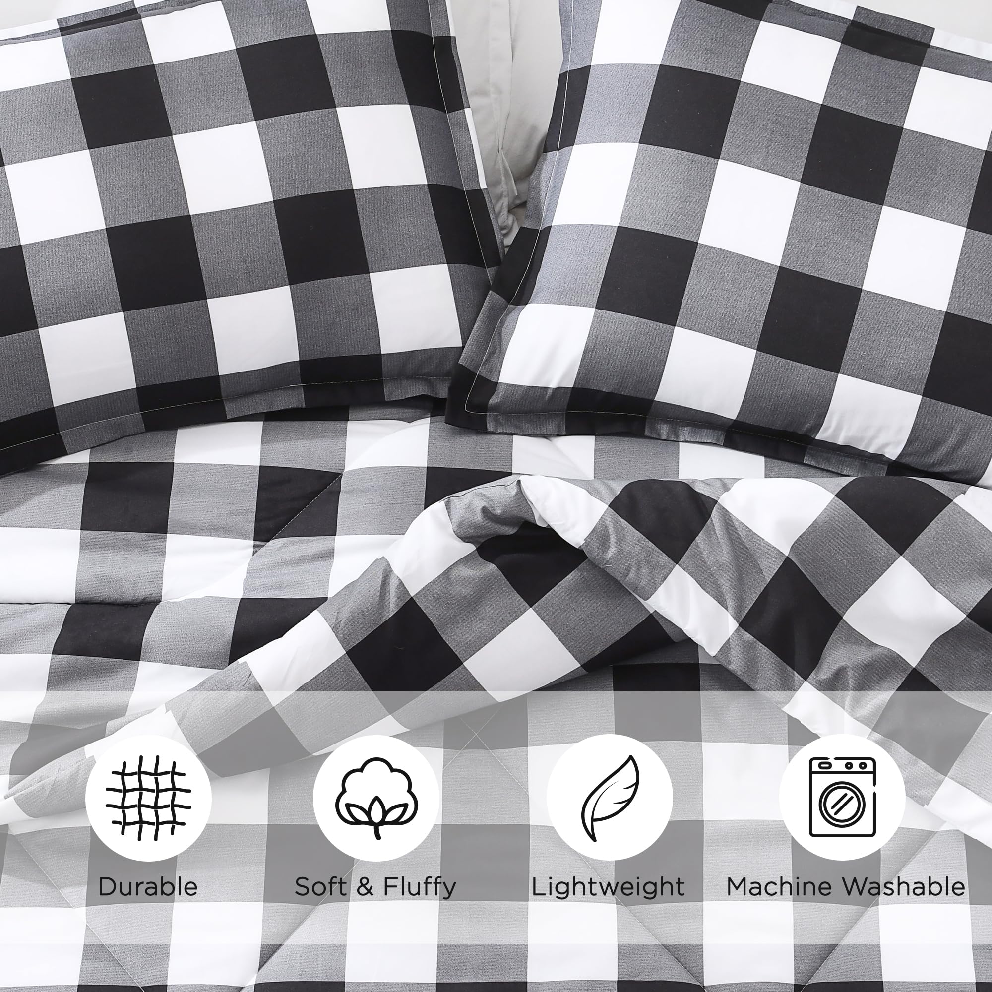 Andency Black Plaid Comforter Set Twin Size (66x90 Inch), 2 Pieces (1 Gingham Comforter and 1 Pillowcase), Summer Lightweight Microfiber Buffalo Check Down Alternative Comforter Set for Kids Boys