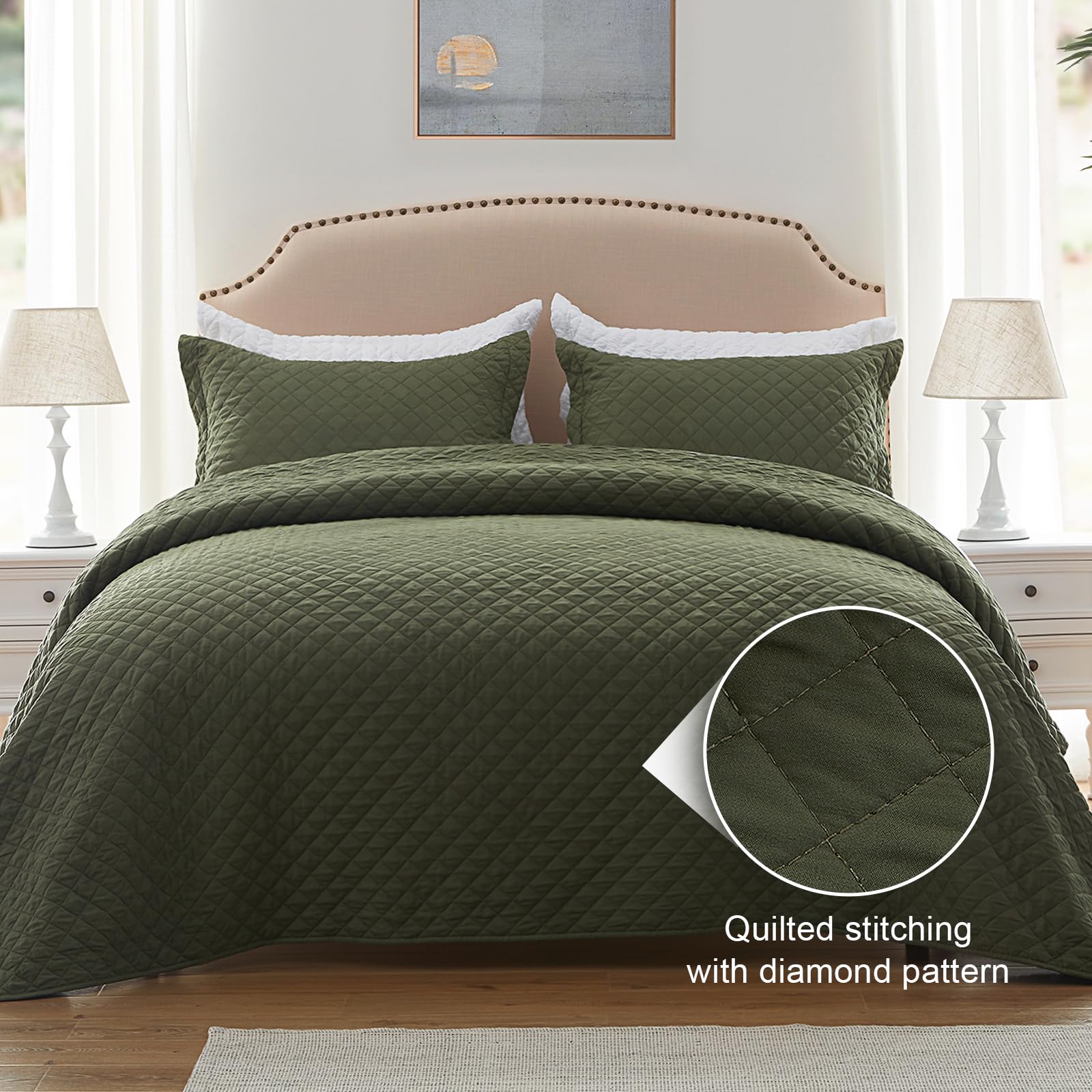 SunStyle Home Quilt Set King Olive Green Lightweight Bedspread Soft Reversible Coverlet for All Season 3pcs Army Green Diamond Quilted Bedding Sets (1 Quilt 2 Pillow Shams)(106"x96")