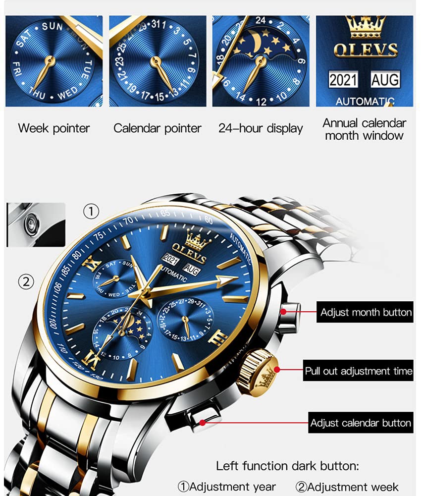 OLEVS Automatic Men Watch Self Winding Mechanical Luxury Dress Moon Phase Stainless Steel Blue Face Waterproof Luminous Calendar Wrist Watch
