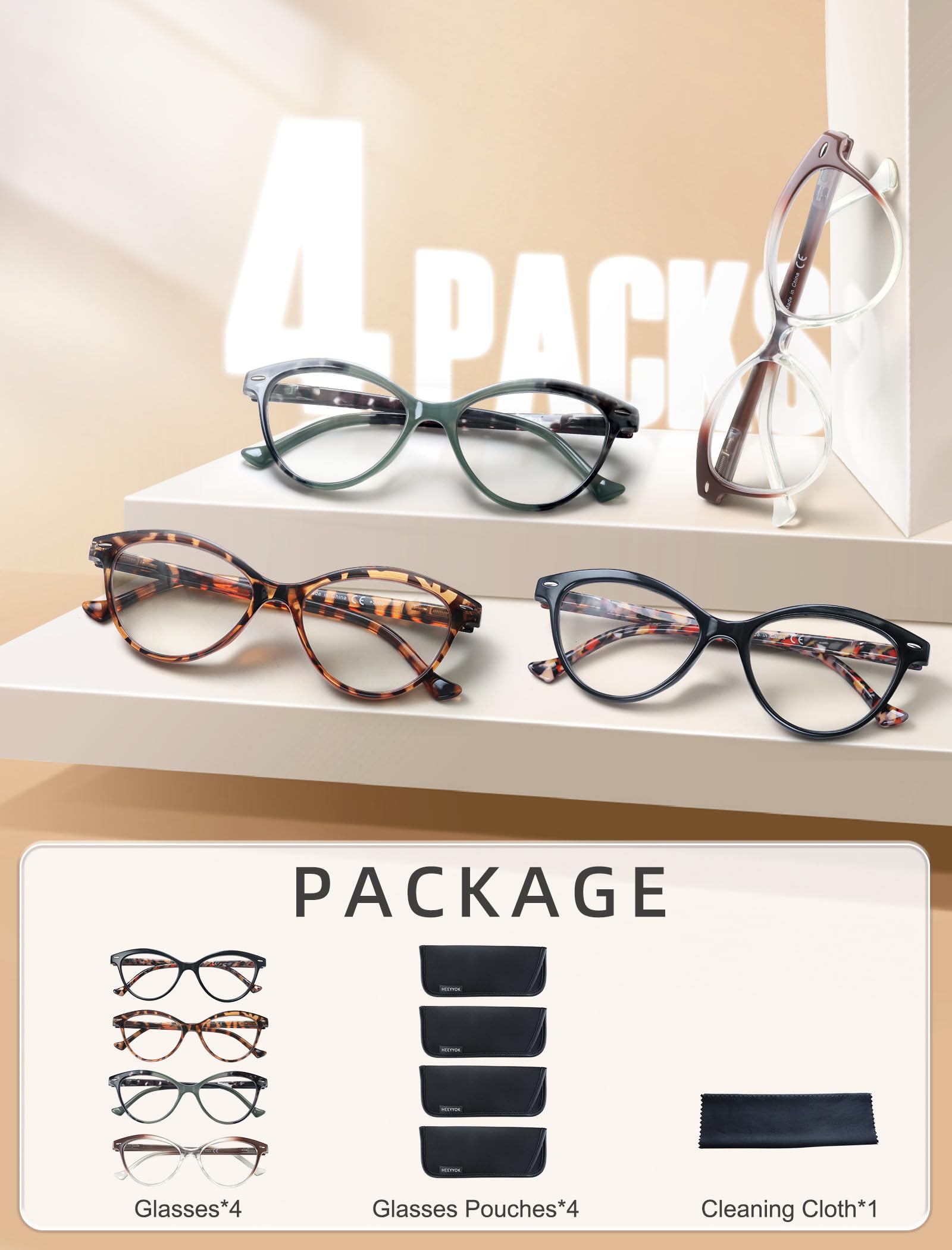 HEEYYOK Women Reading Glasses 4-Pack,Cateye Readers Glasses Small Face Comfort Spring Hinge (1.75, 4 Mix Color)