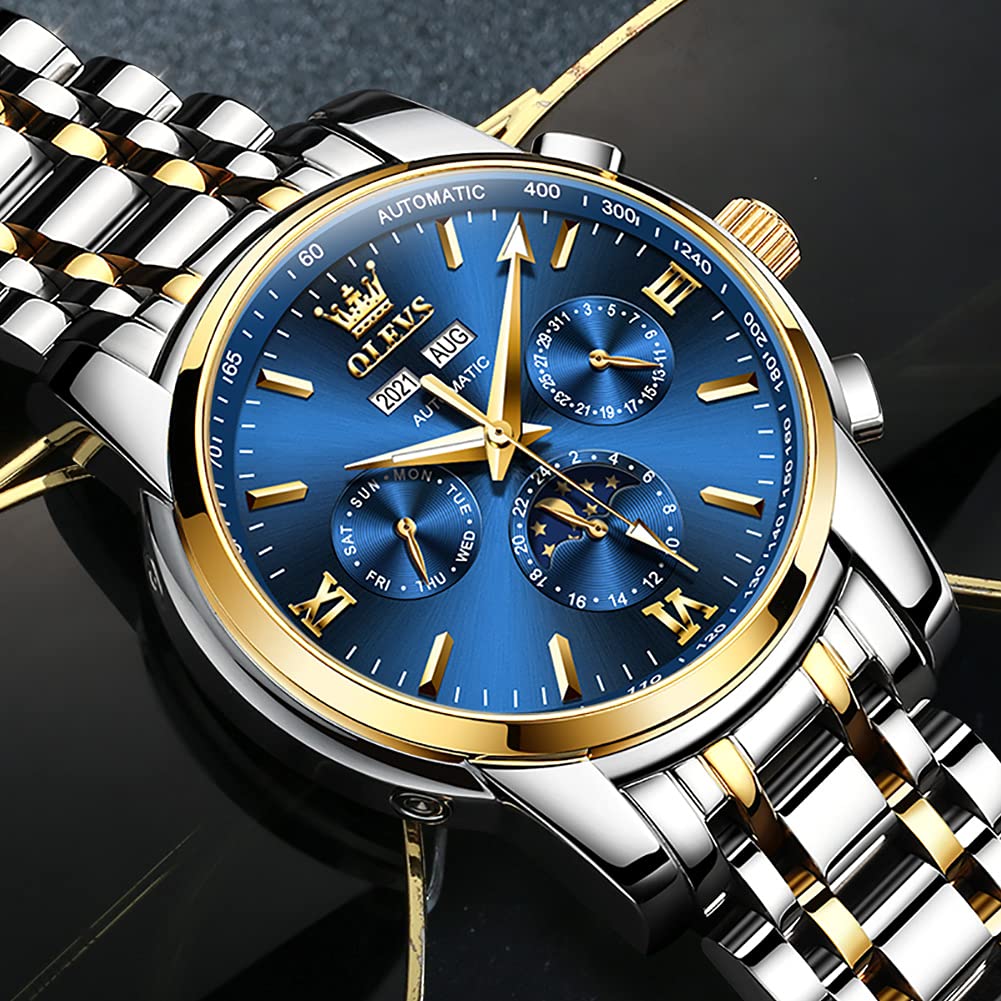 OLEVS Automatic Men Watch Self Winding Mechanical Luxury Dress Moon Phase Stainless Steel Blue Face Waterproof Luminous Calendar Wrist Watch