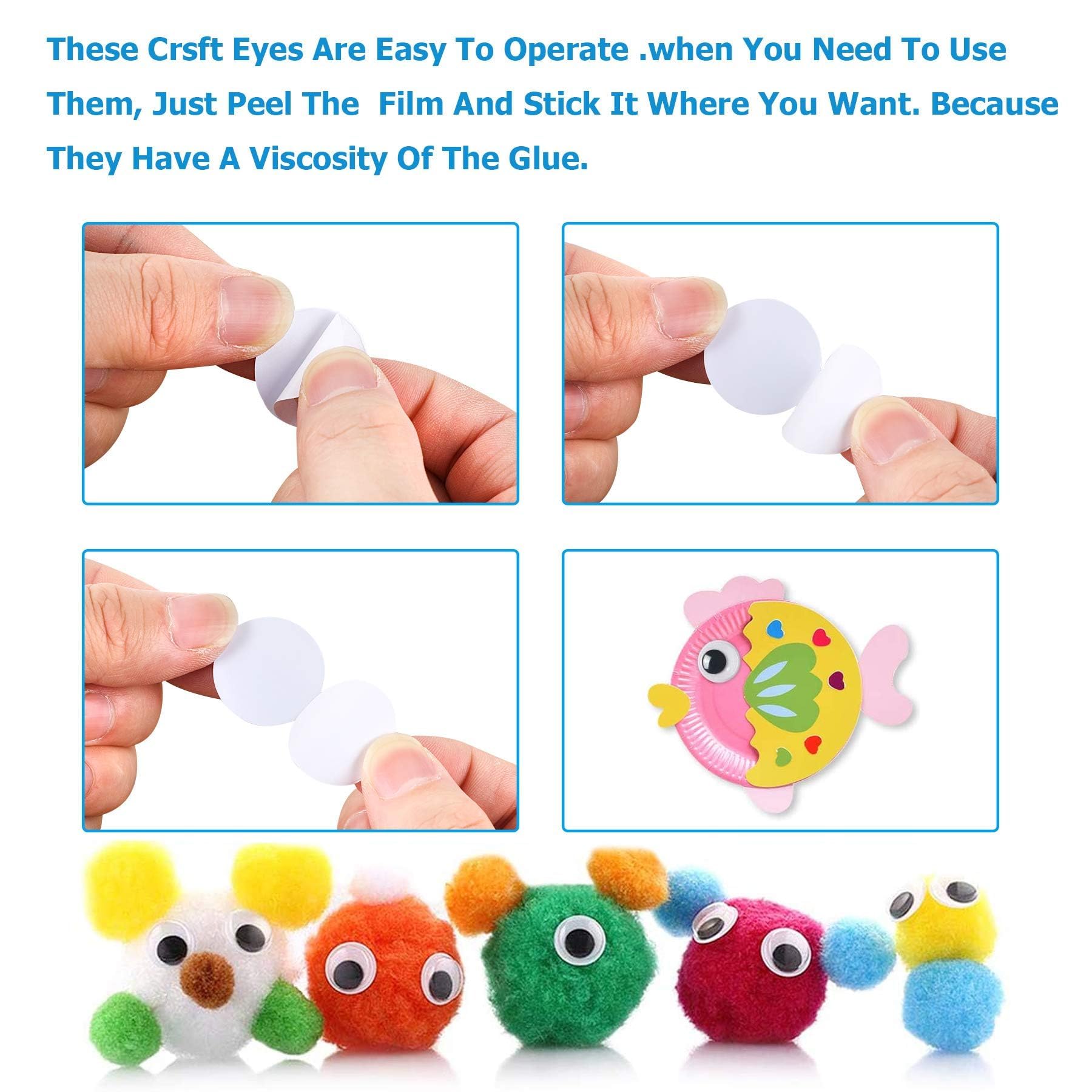UPINS 300 Pcs Round Plastic Black Googly Wiggle Eyes Self-Adhesive Large Size 15 mm 18 mm 20 mm 25 mm