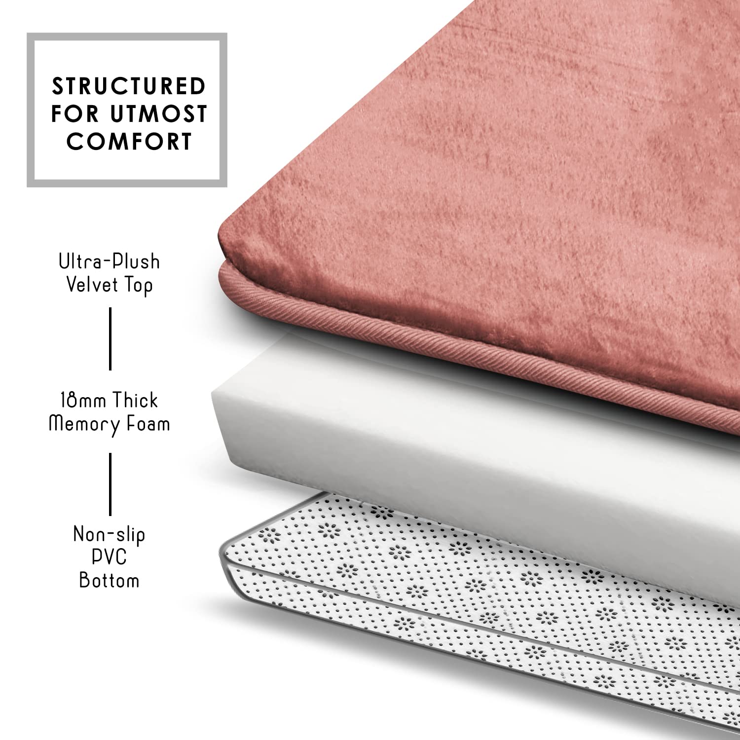 Clara Clark 2 Piece Bathroom Rugs Bath Mat Set, Velvet Memory Foam Bath Mats for Bathroom - Non-Slip, PVC Backing Bath Rugs, Washable Bathroom Rug Mats - Dries Quickly, Bathroom Rug Set - Misty Rose